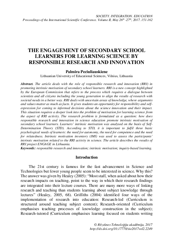 (PDF) The Engagement of Secondary School Learners for Learning Science ...