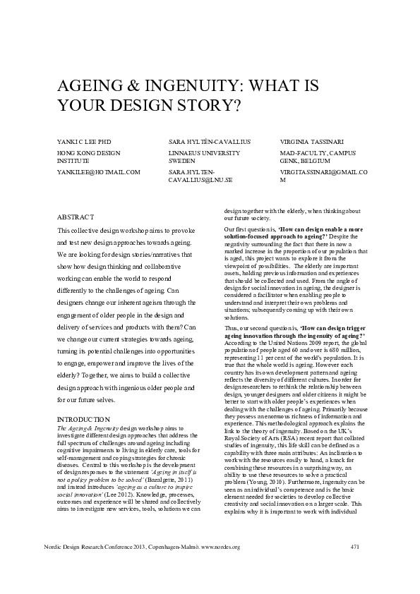 (PDF) Ageing & ingenuity: What is your design story? | Virginia ...