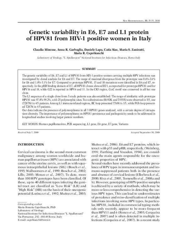 (PDF) Genetic variability in E6, E7 and L1 protein of HPV81 from HIV-1 positive women in Italy ...