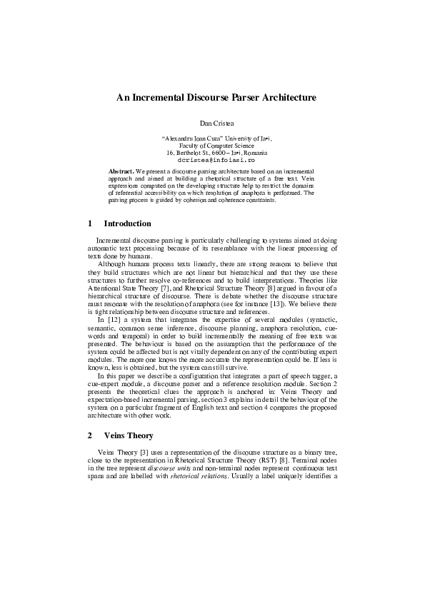 (PDF) An Incremental Discourse Parser Architecture