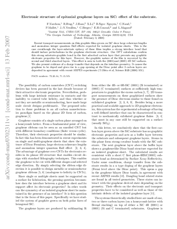 (PDF) Electronic Structure of Epitaxial Graphene Layers on SiC: Effect of the Substrate