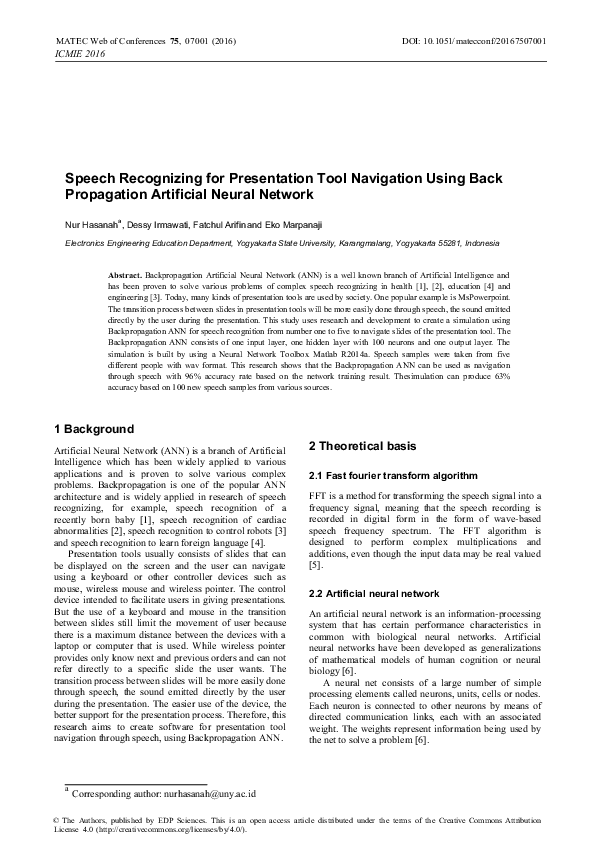 (PDF) Speech Recognizing for Presentation Tool Navigation Using Back Propagation Artificial ...