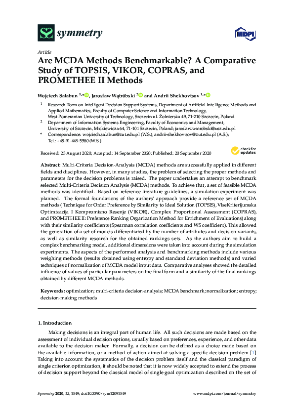 (PDF) Are MCDA Methods Benchmarkable? A Comparative Study of TOPSIS ...