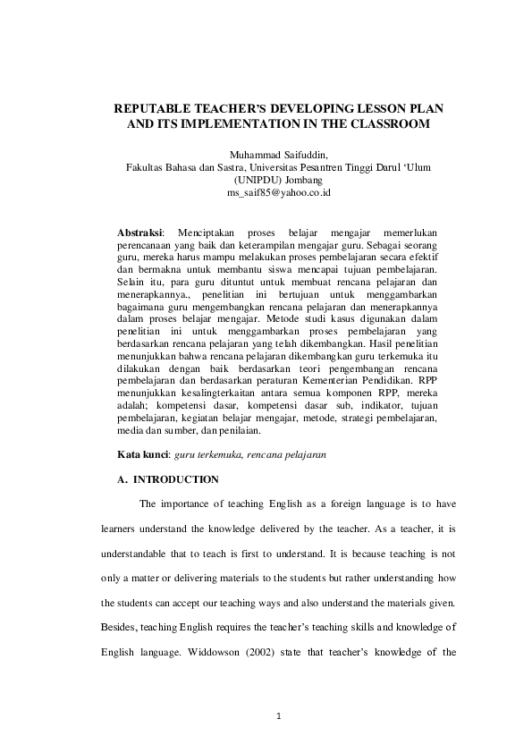 (PDF) Reputable Teacher’s Developing Lesson Plan and Its Implementation ...