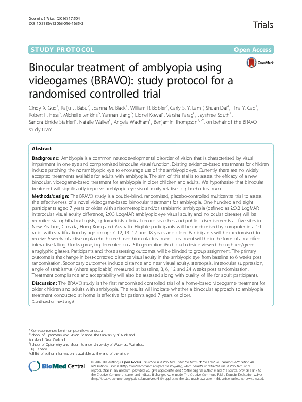(PDF) Binocular treatment of amblyopia using videogames (BRAVO): study protocol for a randomised ...