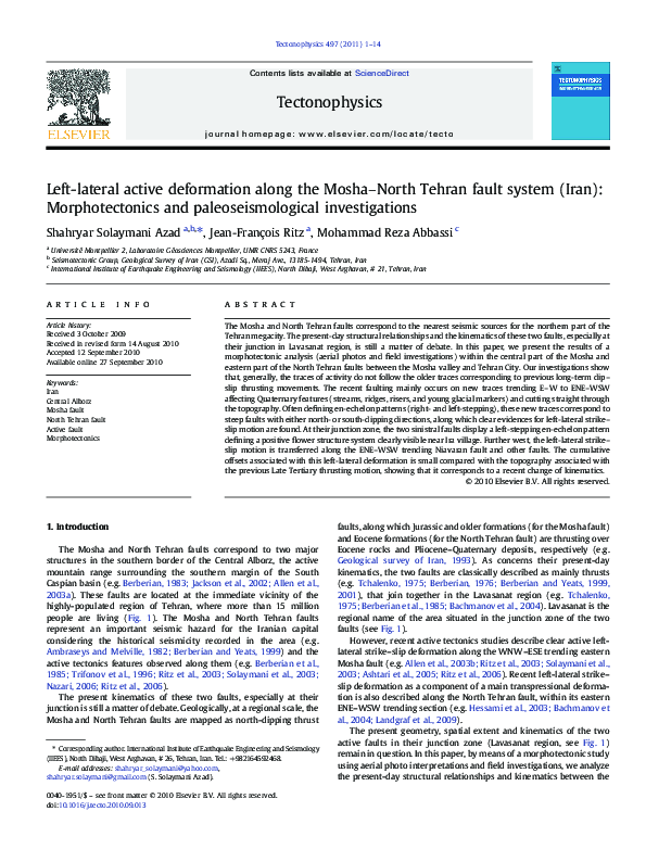 (PDF) Left-lateral active deformation along the Mosha–North Tehran ...