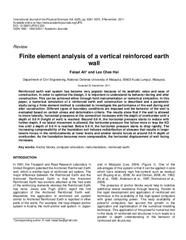 (PDF) Finite element analysis of a vertical reinforced earth wall