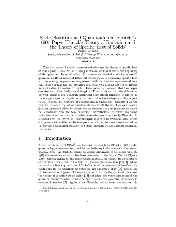 (PDF) State, Statistics and Quantization in Einstein's 1907 Paper ...