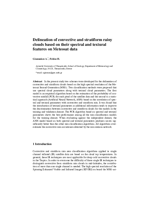 (PDF) Delineation of Convective and Stratiform Rainy Clouds Based on Their Spectral and Textural ...