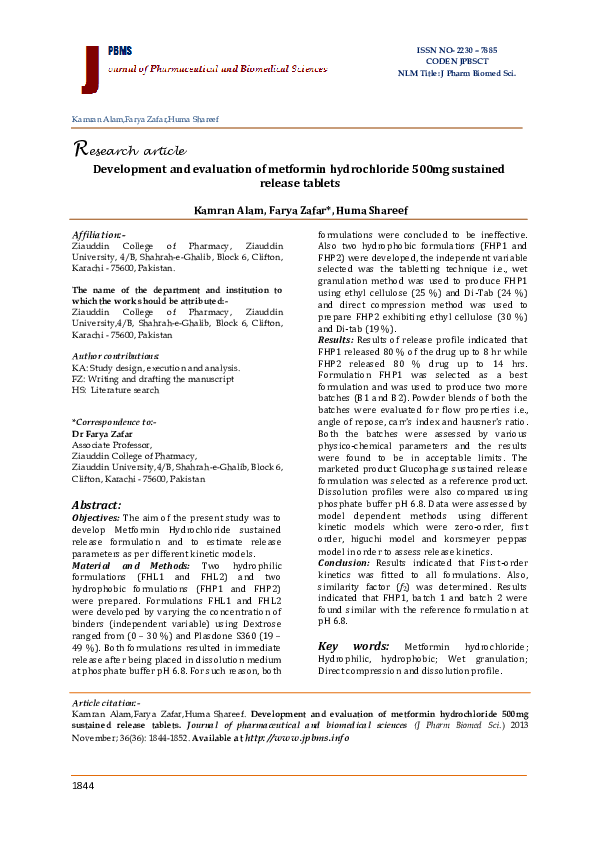 Pdf Development And Evaluation Of Metformin Hydrochloride 500mg Sustained Release Tablets