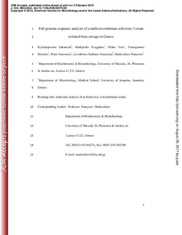 (PDF) Full-Genome Sequence Analysis of a Multirecombinant Echovirus 3 ...