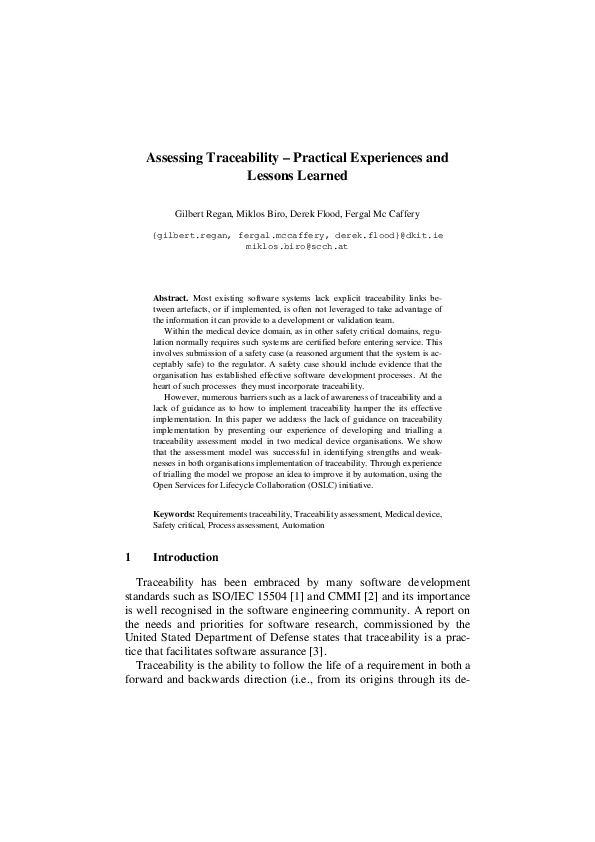 (PDF) Assessing traceability-practical experiences and lessons learned