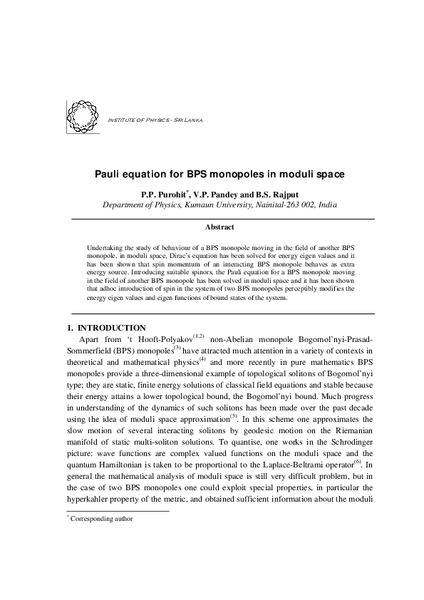 (PDF) Pauli equation for BPS monopoles in moduli space