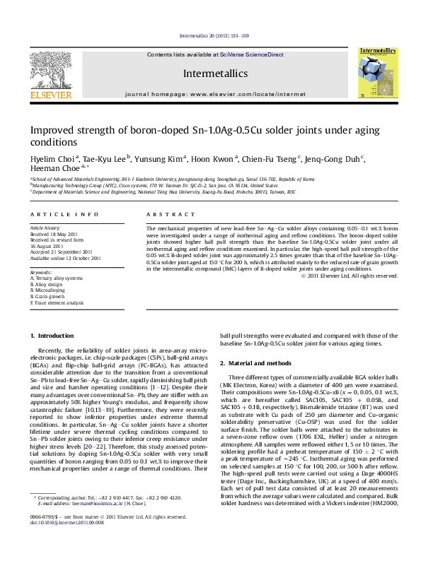 (PDF) Improved strength of boron-doped Sn-1.0Ag-0.5Cu solder joints under aging conditions