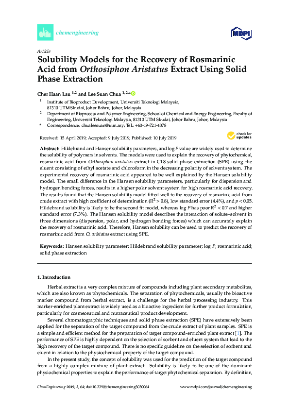 (PDF) Solubility Models for the Recovery of Rosmarinic Acid from Orthosiphon Aristatus Extract ...