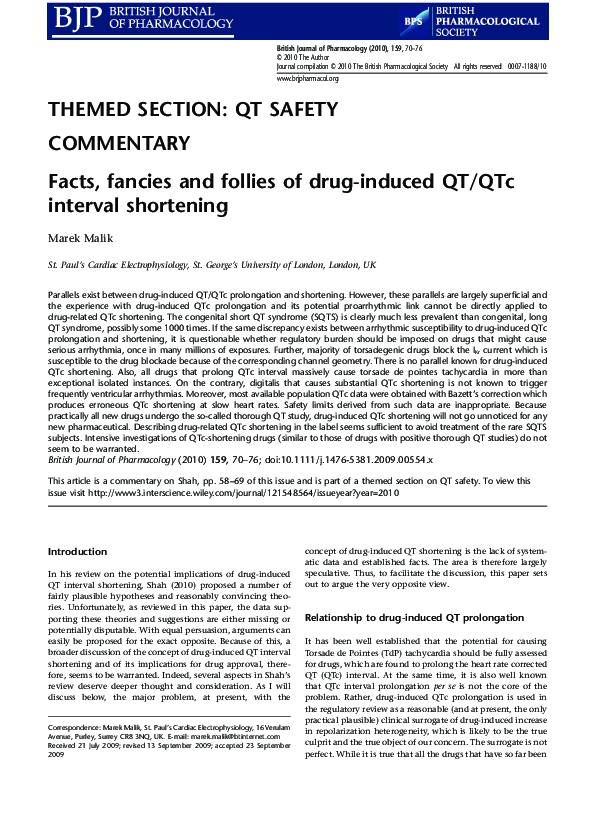 (PDF) Facts, fancies and follies of drug-induced QT/QTc interval shortening