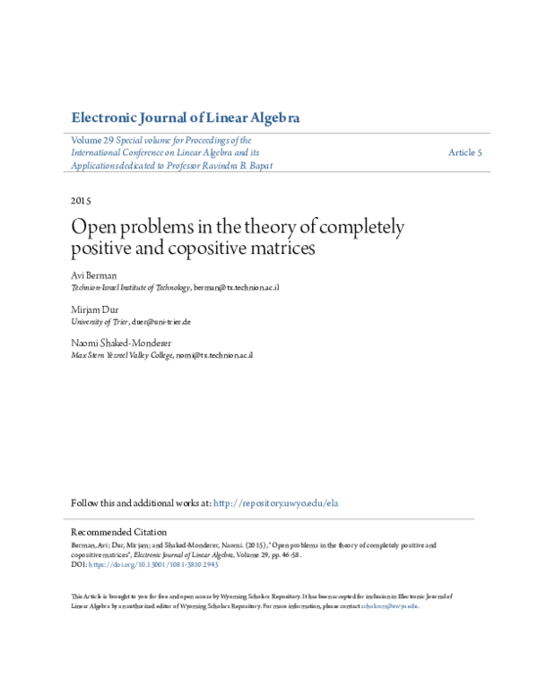 (PDF) Open problems in the theory of completely positive and copositive ...