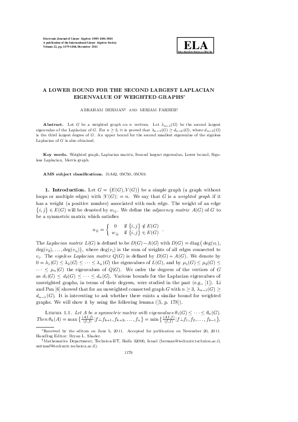 (PDF) A lower bound for the second largest Laplacian eigenvalue of weighted graphs