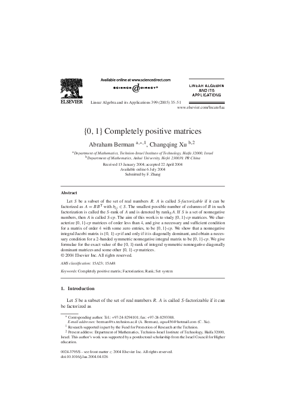 (PDF) {0,1} Completely positive matrices