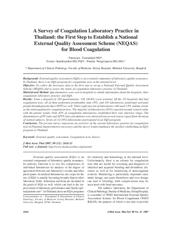 (PDF) A survey of coagulation laboratory practice in Thailand: the ...