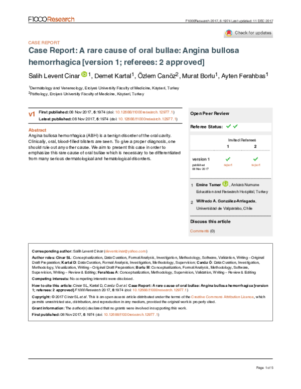 (PDF) Case Report: A rare cause of oral bullae: Angina bullosa hemorrhagica