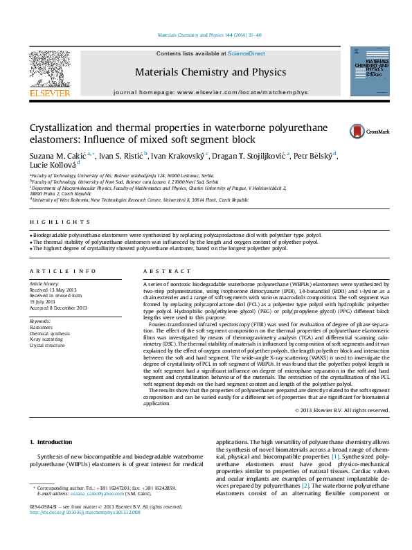 (PDF) Crystallization and thermal properties in waterborne polyurethane elastomers: Influence of ...