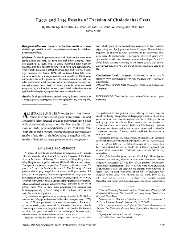 (PDF) Early and late results of excision of choledochal cysts