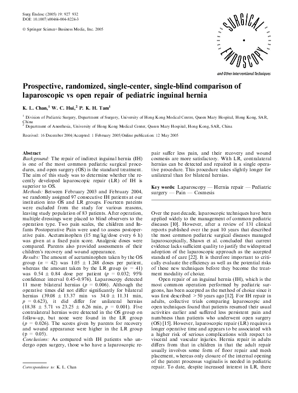 (PDF) Prospective randomized single-center, single-blind Comparison of laparoscopic vs open ...