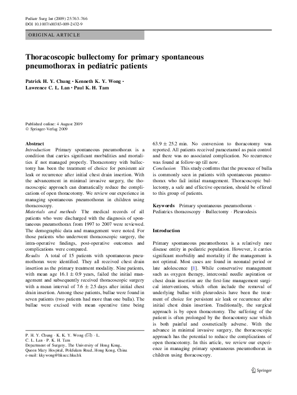 (PDF) Thoracoscopic bullectomy for primary spontaneous pneumothorax in ...