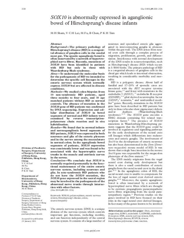 (PDF) SOX10 is abnormally expressed in aganglionic bowel of ...