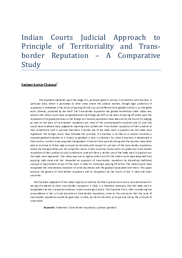 (PDF) Indian Courts Judicial Approach to Principle of Territoriality ...
