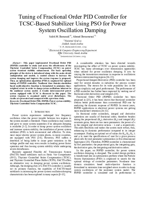 (PDF) Tuning of Fractional Order PID controller for TCSC-based stabilizer using PSO for power ...