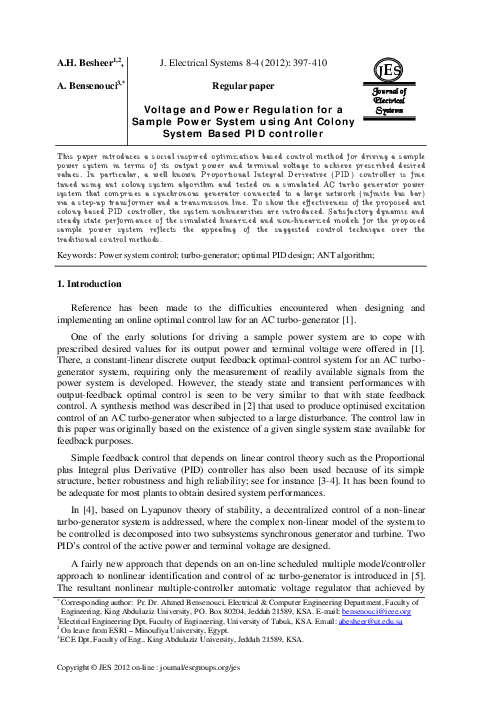 (PDF) Voltage and Power Regulation for a Sample Power System using Ant Colony System Based PID ...