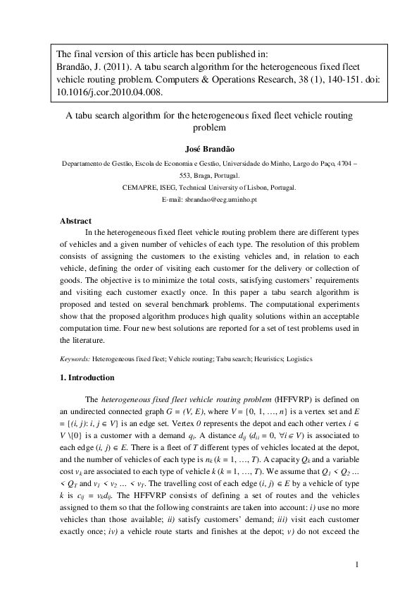 Pdf A Tabu Search Algorithm For The Heterogeneous Fixed Fleet Vehicle Routing Problem