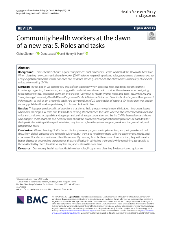 (PDF) Community health workers at the dawn of a new era: 5. Roles and tasks