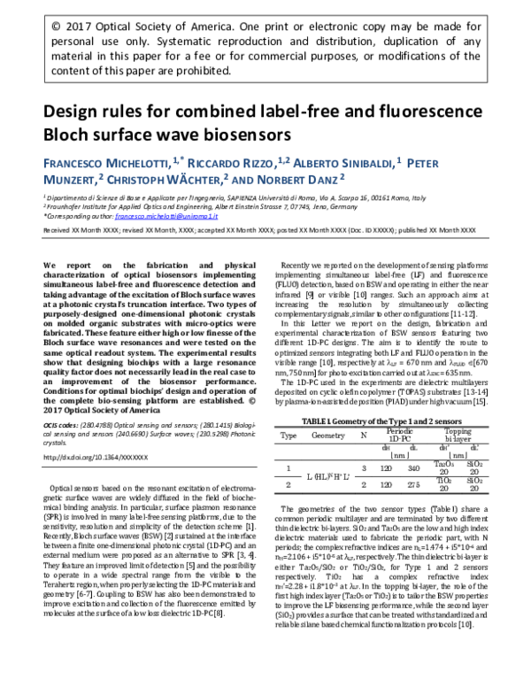 (PDF) Design rules for combined label-free and fluorescence Bloch surface wave biosensors