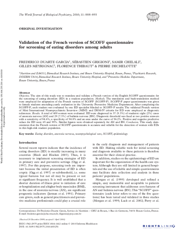 (PDF) Validation of the French version of SCOFF questionnaire for ...