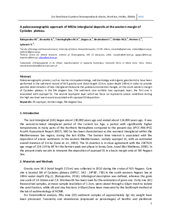 (PDF) A paleoceanographic approach of MIS5e interglacial deposits at ...