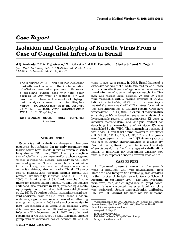 (PDF) Isolation and genotyping of rubella virus from a case of ...