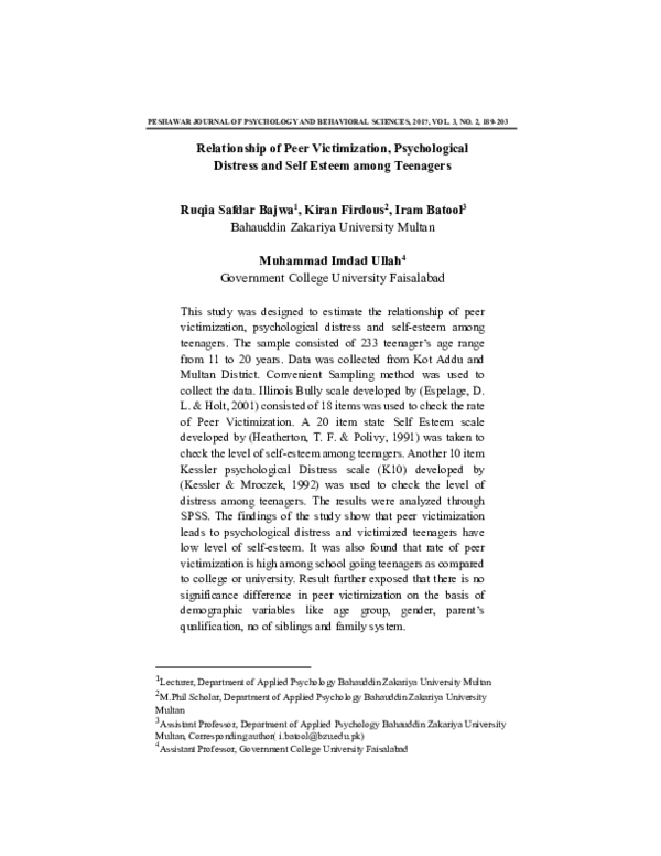 (PDF) Relationship of Peer Victimization, Psychological Distress and ...