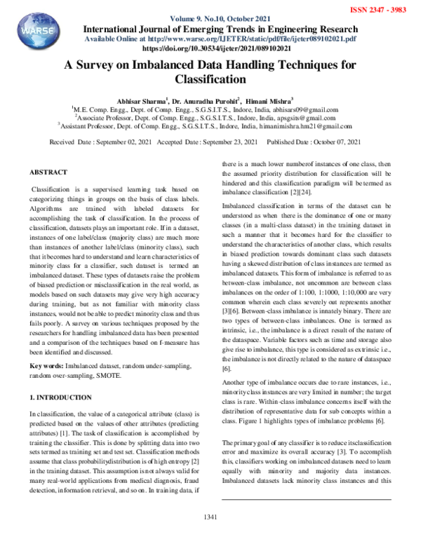 Pdf A Survey On Imbalanced Data Handling Techniques For Classification