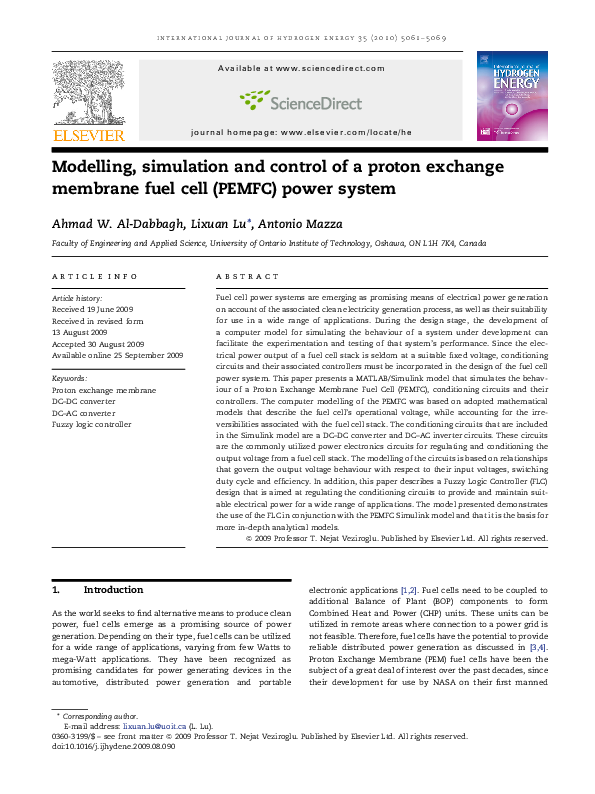 (PDF) Modelling, simulation and control of a proton exchange membrane ...