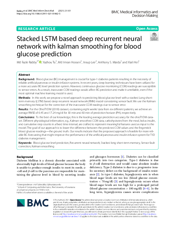 (PDF) Stacked LSTM based deep recurrent neural network with kalman smoothing for blood glucose ...