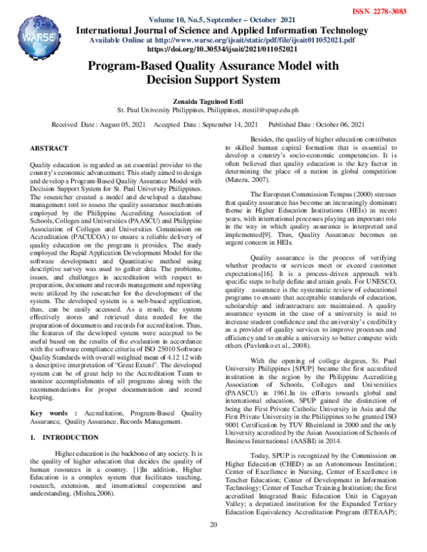 (PDF) Program-Based Quality Assurance Model with Decision Support System