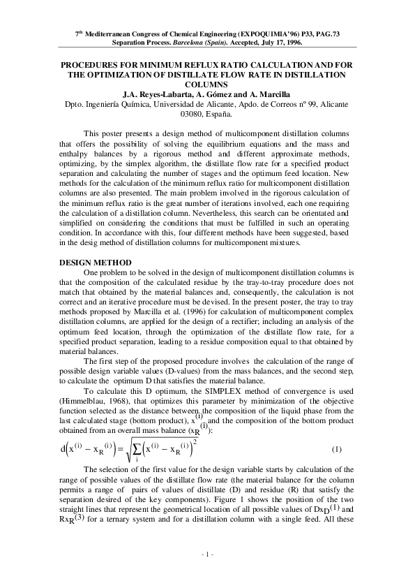 Pdf Procedures For Minimum Reflux Ratio Calculation And For The Optimization Of Distillate