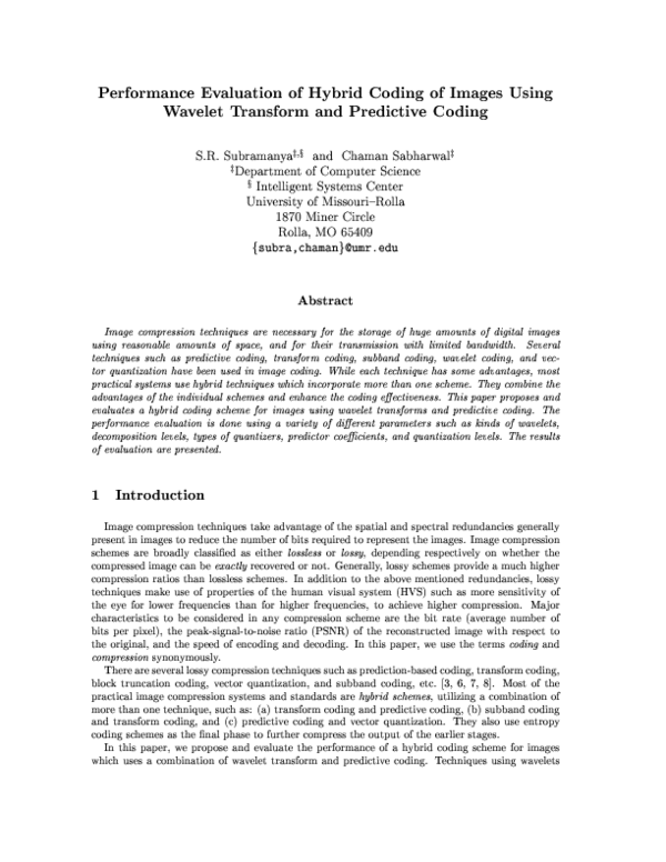 (PDF) Performance Evaluation of Hybrid Coding of Images Using Wavelet Transform and Predictive ...