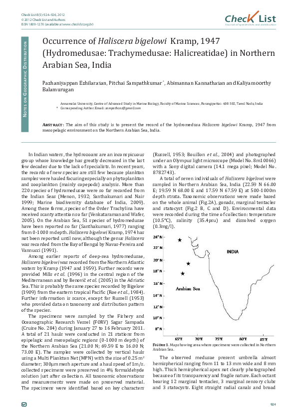 (PDF) Occurrence of Haliscera bigelowi Kramp, 1947 (Hydromedusae ...