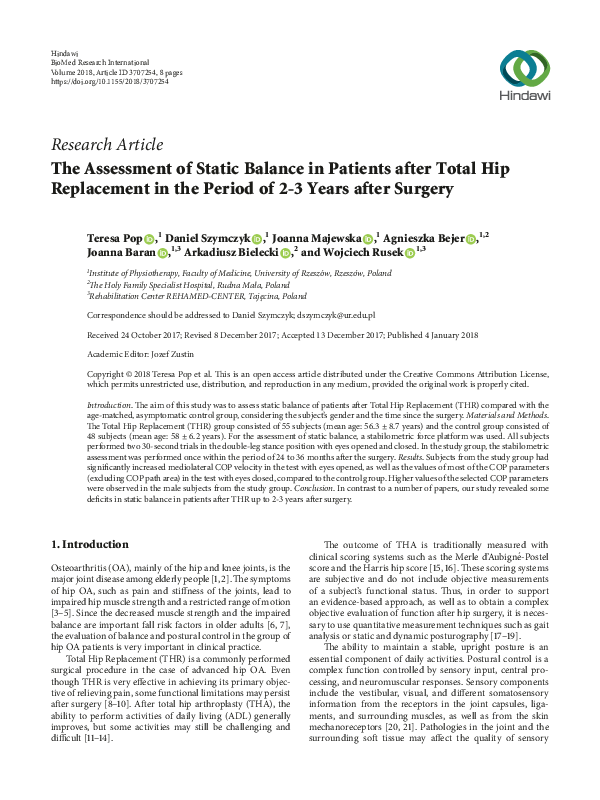 (PDF) Static Balance Assessment Post Hip Replacement