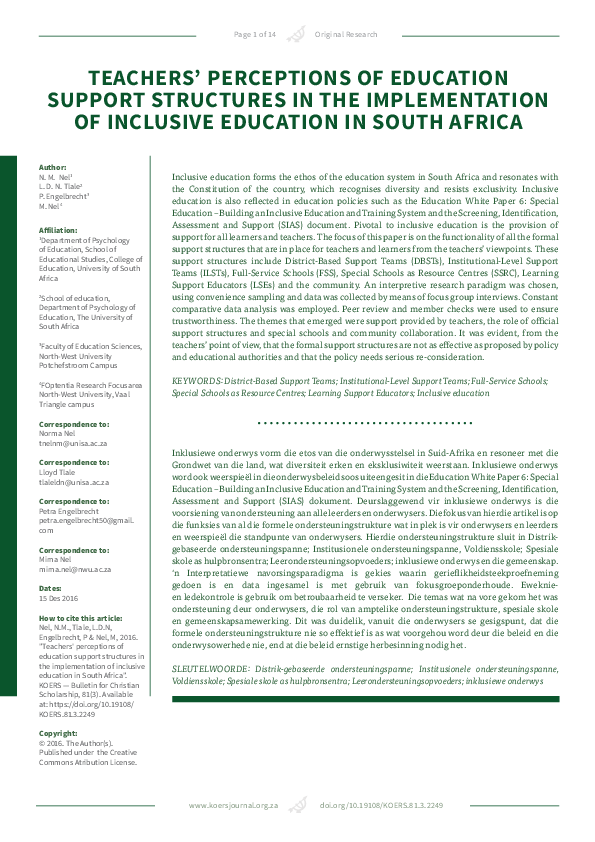 (PDF) Teachers' perceptions of education support structures in the implementation of inclusive ...