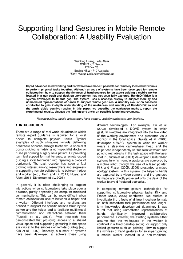 (PDF) Supporting Hand Gestures in Mobile Remote Collaboration: A Usability Evaluation